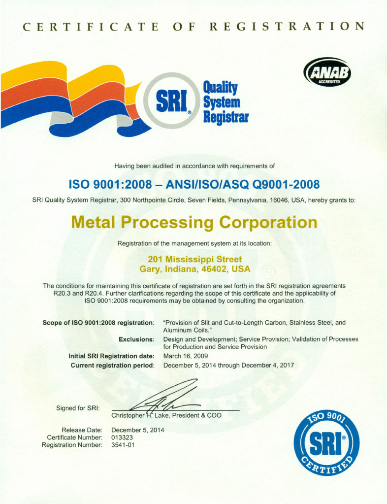 MPC ISO Certification - December 2017 - Metal Processing Corporation